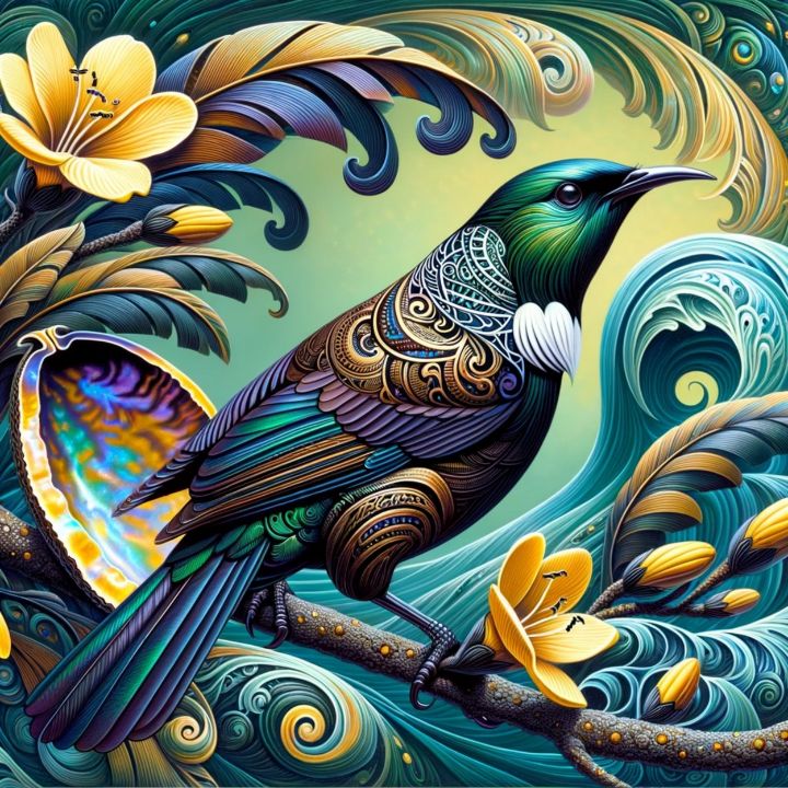 Spiral Splendor: Tui Amongst the Wav - Domz Waimotu Art - Digital Art ...