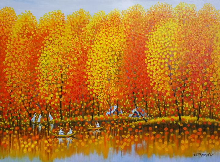 Autumn by the Lake - Vietnamese artist Nguyen - Paintings & Prints ...