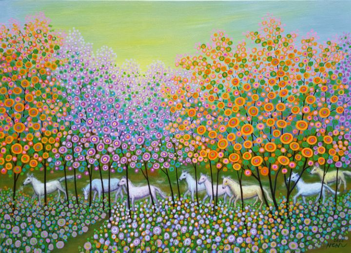 Horses and flowers Painting - Vietnamese artist Nguyen - Paintings ...