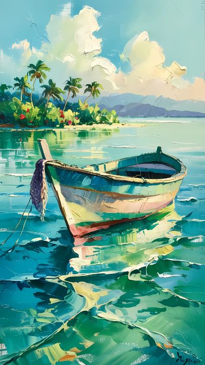 A boat adrift on the turquoise water - Art Angle - Digital Art & AI ...