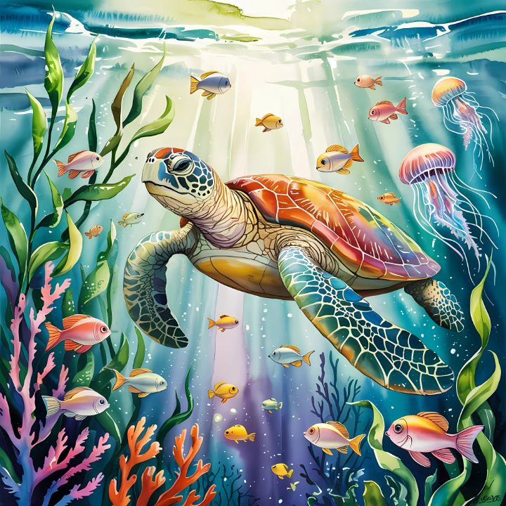 A turtle swimming in the ocean - Art Angle - Digital Art & AI, Animals ...