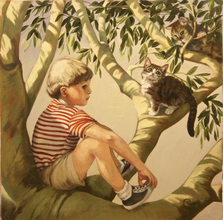 Boy in Tree with Cats - Clancy Cherry Wildlife Artist - Paintings ...