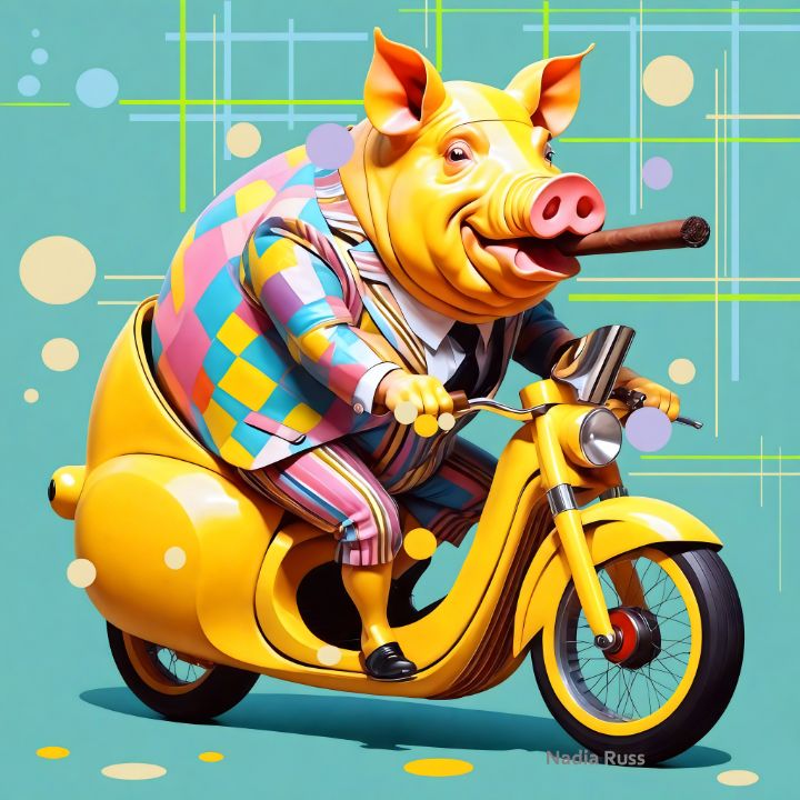 Pig on a Motorcycle - Nadia Russ - Digital Art & AI, Animals, Birds ...