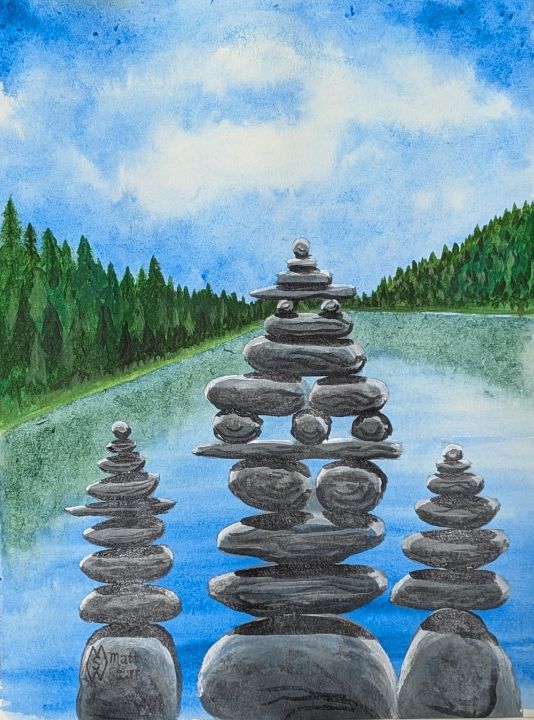 Rock cairns at the lake - Matt Starr Fine Art - Paintings & Prints, Landscapes & Nature, Lakes ...