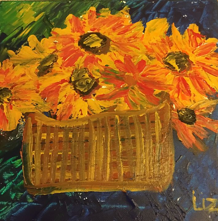 Sunflowers in a Basket - K Pinta Liza - Paintings & Prints, Flowers ...