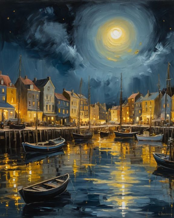 small coastal port town at night - best designs - Digital Art & AI ...