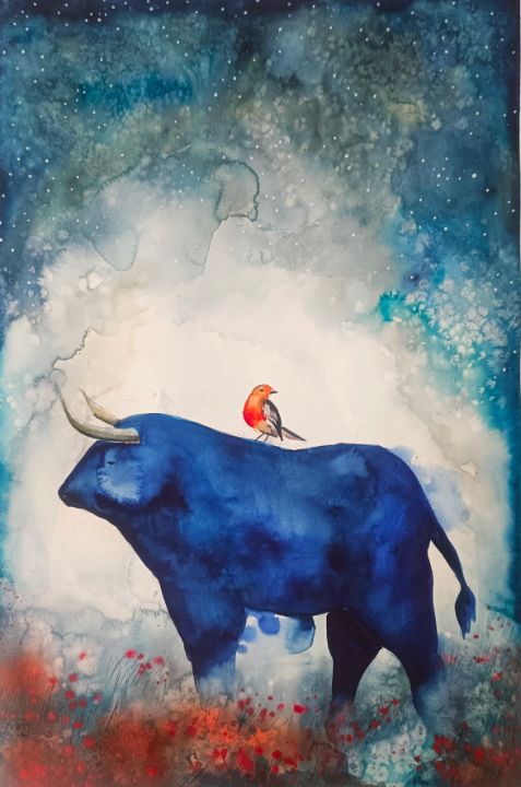 Blue Bull & Red Bird - Evgenia Smirnova - Paintings & Prints, Animals ...