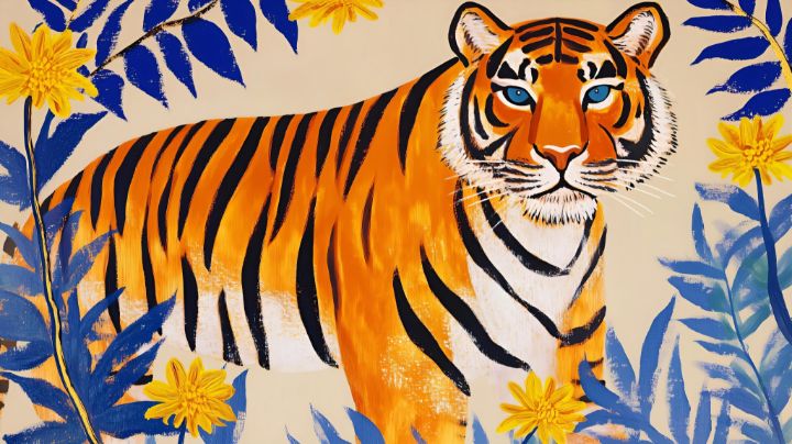 Folk Art Tiger in Floral Jungle - Markjordan - Paintings & Prints ...
