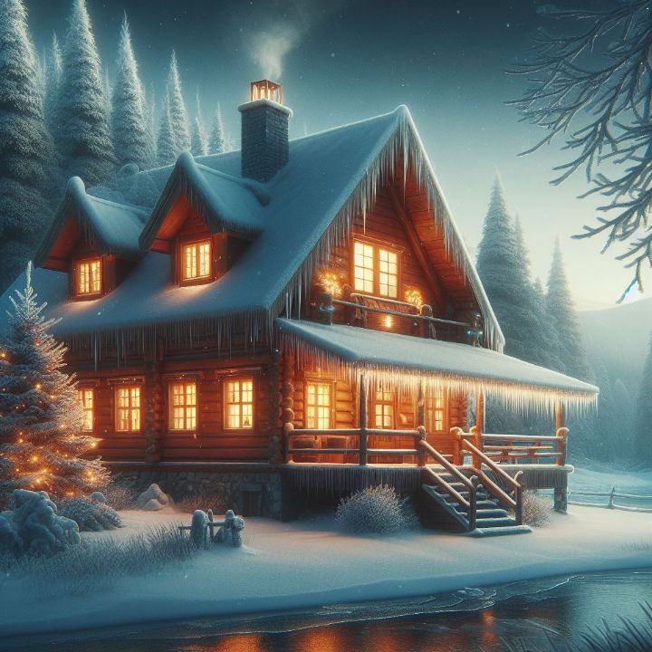 A frozen hut in the middle of a fore - Aljunidiu - Paintings & Prints ...