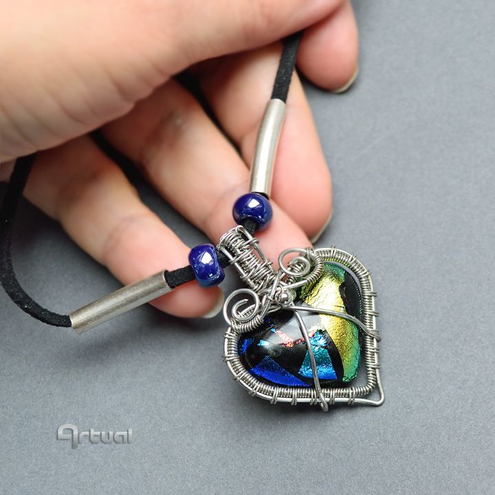 Blue & green dichroic glass heart - Aniko Hencz art - Jewelry, Pendants ...