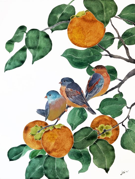 Birds on a Persimmon Tree - joiyaa - Paintings & Prints, Food ...