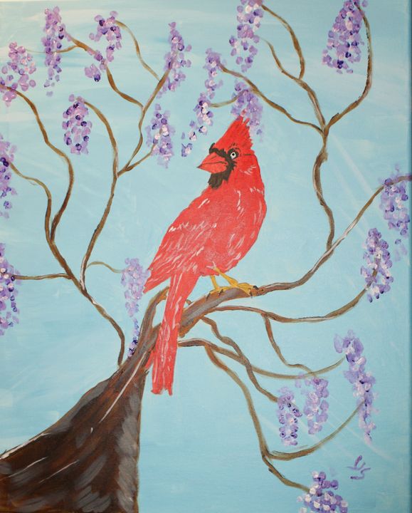 Red Cardinal with Purple Flowers - Art By Yvonne Sewell - Paintings ...