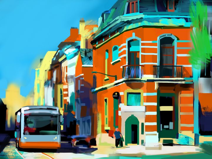 Bus and Pub, Brussels, Belgium - Andrew Storey - Paintings & Prints ...