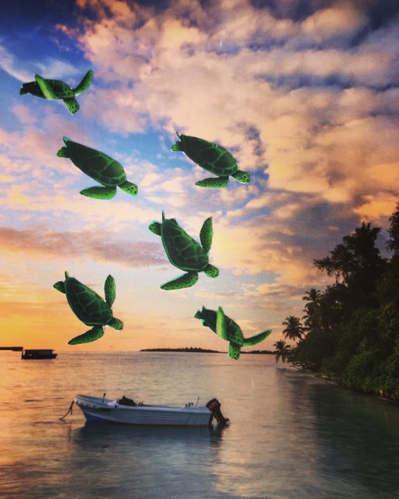 Flying Turtles - Space - Paintings & Prints, Abstract, Collage - ArtPal