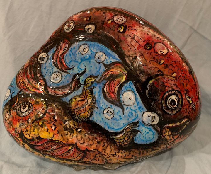 Koi Swimming Rock - Hale Family Art - Paintings & Prints, Animals ...