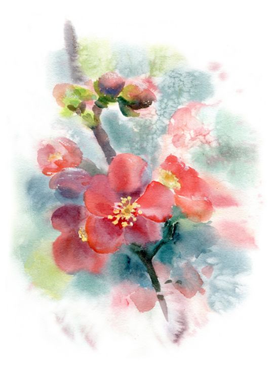 Red bright flowers of quince - NadezzzdaArt - Paintings & Prints ...