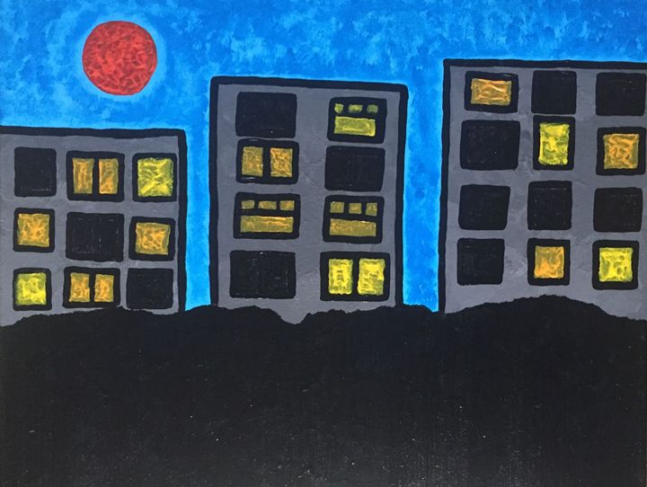 Red moon over the city - Giart - Paintings & Prints, Buildings ...