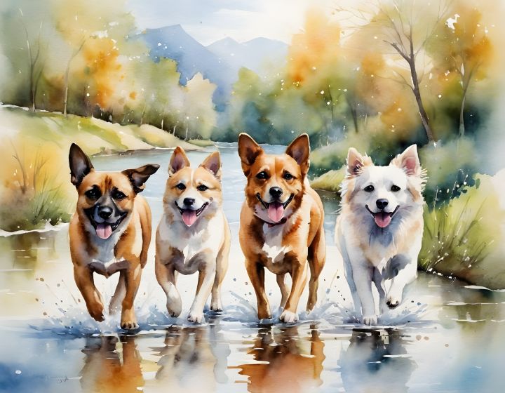 4 Dogs runs in colored water - ArtZone - Digital Art & AI, Animals ...