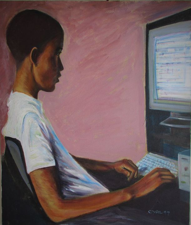 CJ on computer - Art By Cyril - Paintings & Prints, People & Figures ...