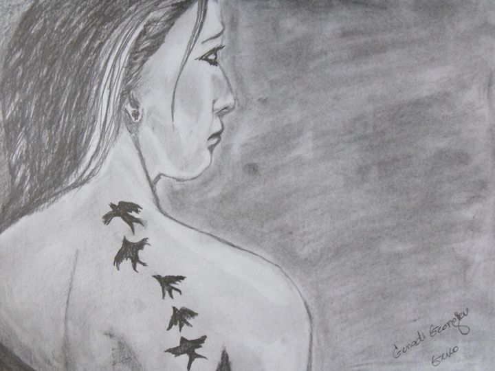 Girl with birds tatoo - Geko - Drawings & Illustration, People ...