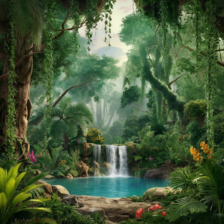 Misty jungle waterfall cascading - art wall - Digital Art & AI ...
