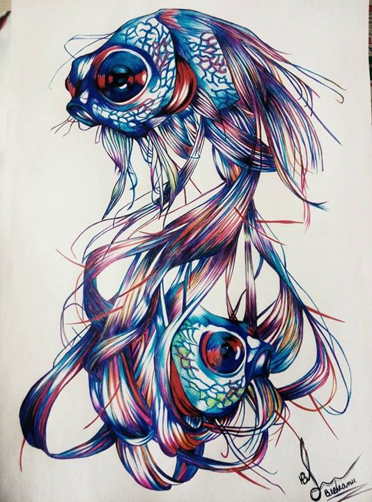Twin fish - Pen art - Paintings & Prints, Animals, Birds, & Fish ...