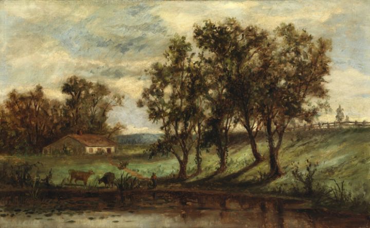 man with cows grazing near pond with - Unique Artworks Collection ...