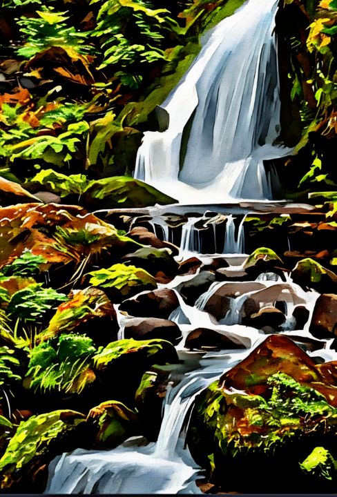 Waterfall in the Heart of the Forest - Asrori Art - Paintings & Prints ...