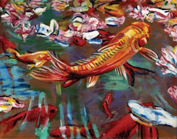 Golden Koi in Flower Covered Pond - Deborah Forrest - Paintings ...
