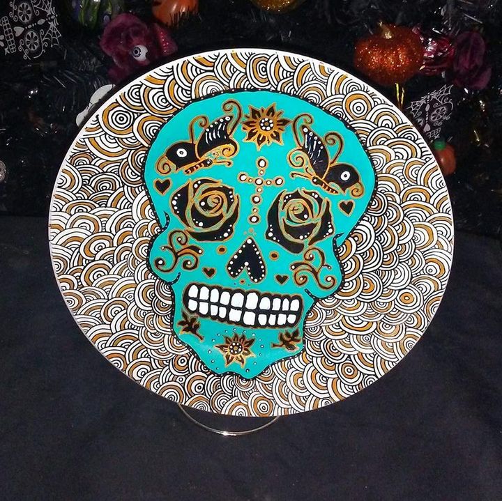 Turquoise/Gold Sugar Skull Plate - An Artsy Eye - Glass, Plates ...