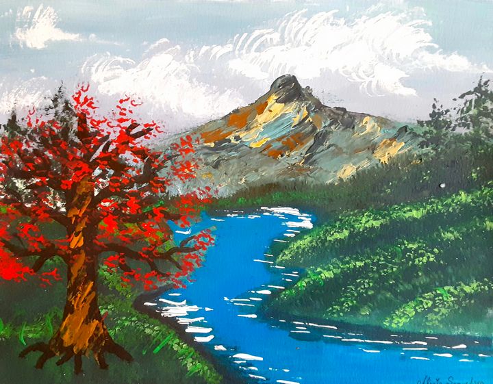 Red Tree on a Crystal Blue River - Alecia Samuelson's Art - Paintings ...