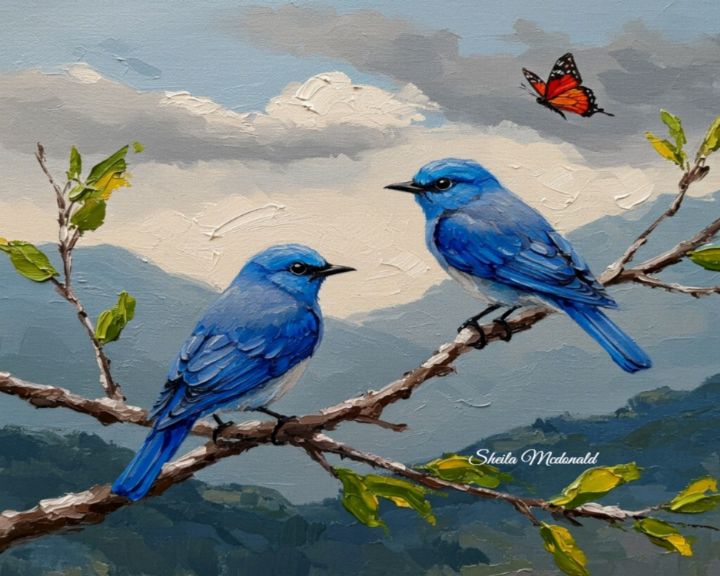 Blue Sparrow birds and the Butterfly - Art On Wheels - Paintings ...