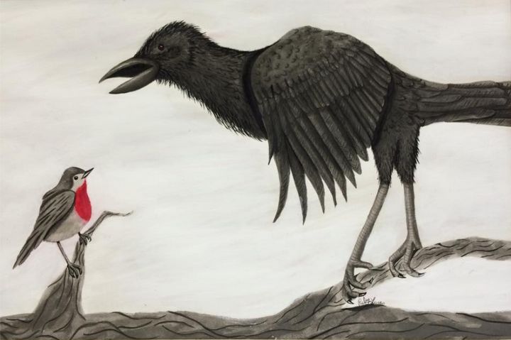 Robin and Crow - Ruby Red Riot - Paintings & Prints, Animals, Birds ...