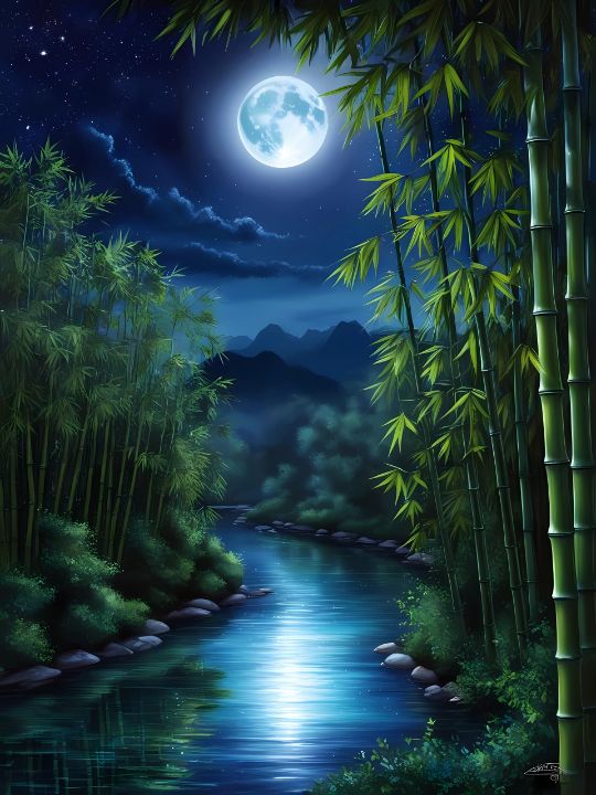 Moonlight Bamboo Forest - Art-shop - Digital Art & AI, Landscapes ...