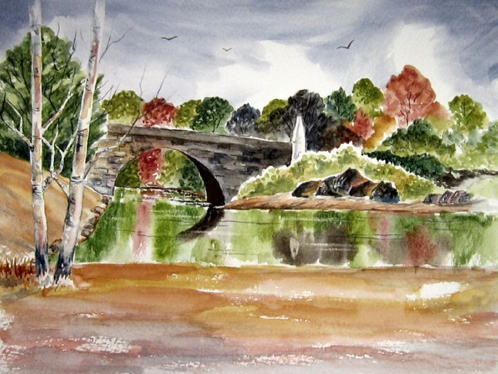 Autumn Bridge Over Stream Watercolor - GalleryWC - Paintings & Prints ...