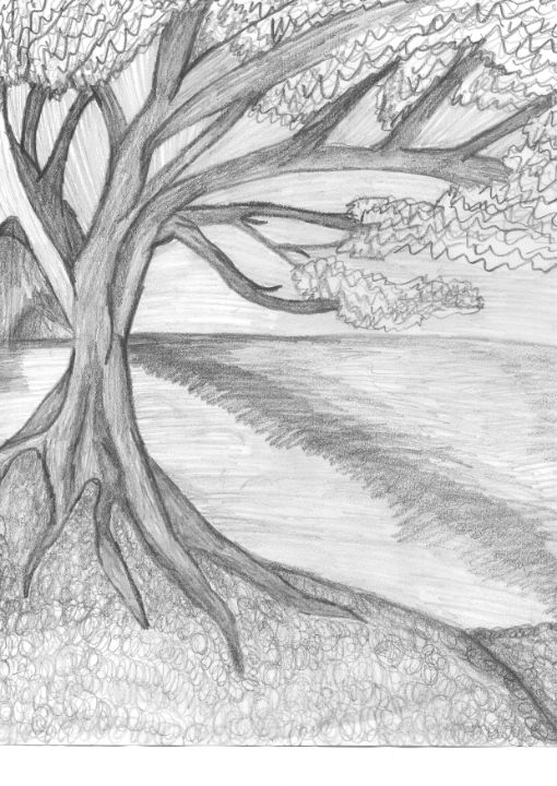 tree mountain and sea scape - Blue Lemon Art - Drawings & Illustration ...