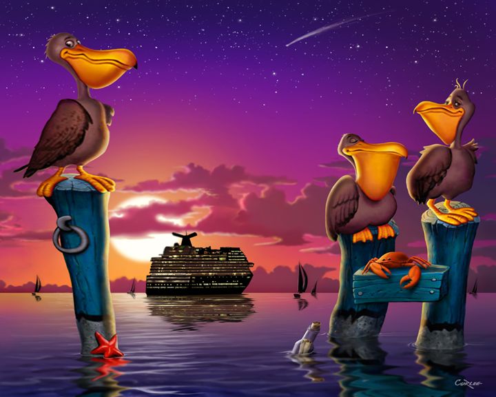 Pelicans On Poles 2 Sunset Art - Walt Curlee Fine Art & Prints ...