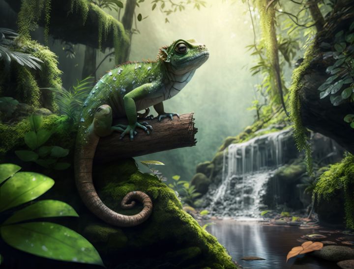 Lizard and waterfall - UNDFTD1 - Paintings & Prints, Animals, Birds ...