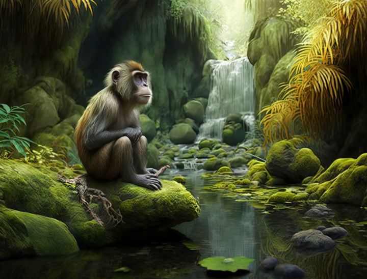 Monkey in waterfalls - UNDFTD1 - Paintings & Prints, Animals, Birds ...