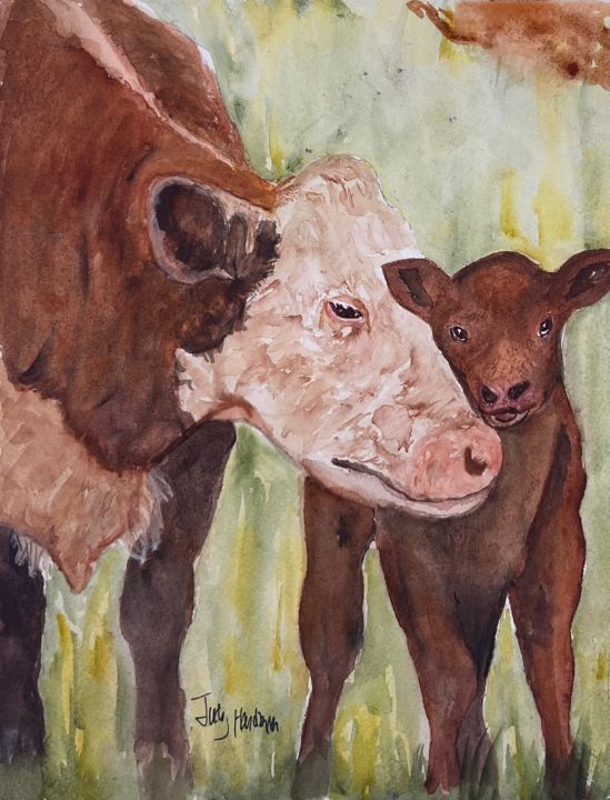 Momma Cow and Calf - watercolorsbyjudy - Paintings & Prints, Animals ...