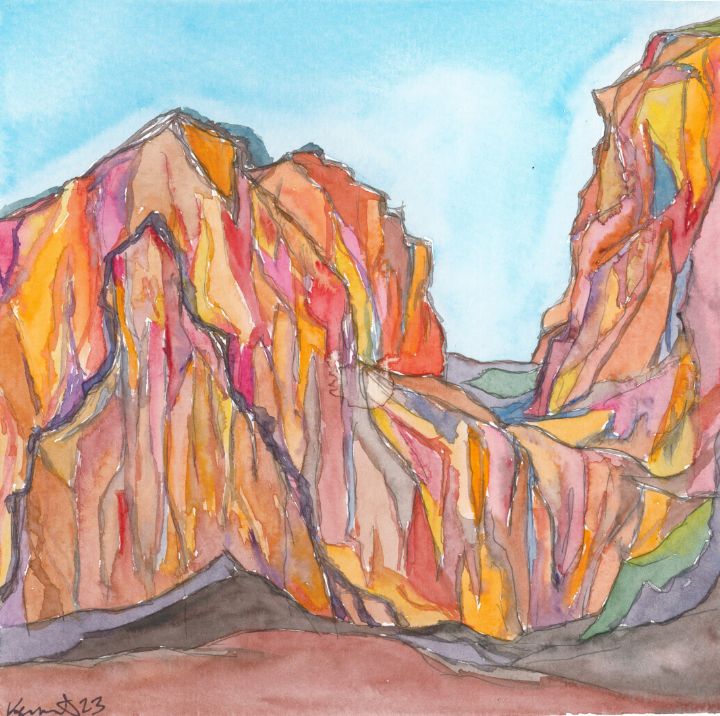 Utah Cliff in full close color - Alkaline Watercolors - Paintings ...