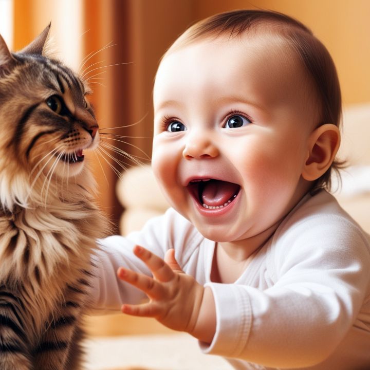 Baby’s Joyful Moment with a Cat - Watercolor Vision Studio - Digital Art & AI, Animals, Birds ...