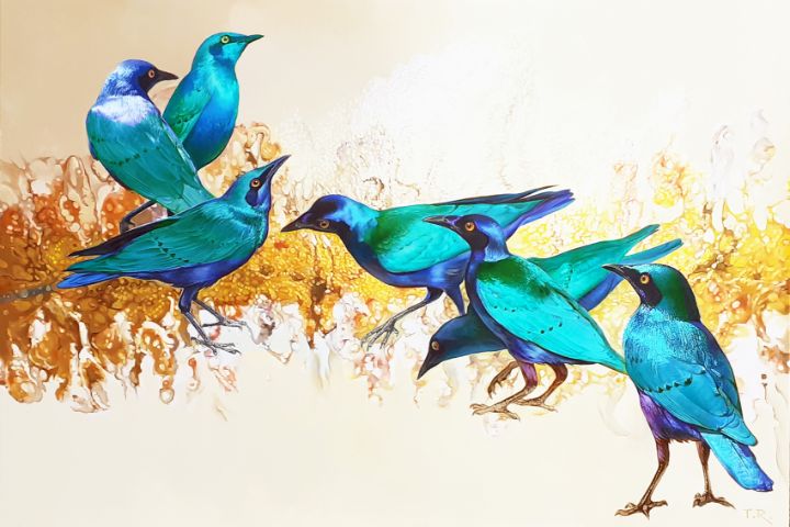 AT THE STREAM / BLUE-EARED STARLINGS - Rezvaya.art - Paintings & Prints ...