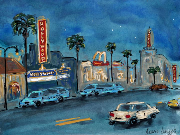 Sunset Blvd at Night, Los Angles - Maria Langgle Art - Paintings & Prints, Buildings ...