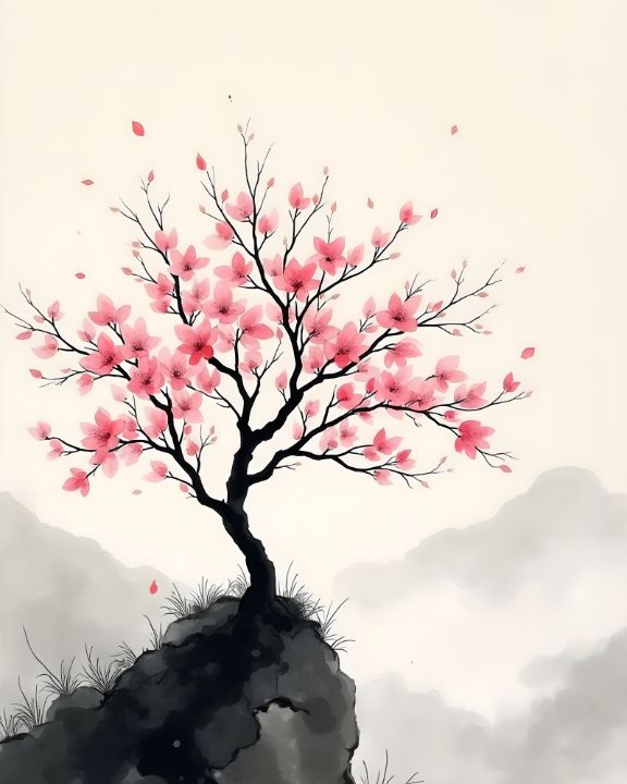 Tranquil Cherry Blossom Ink Painting - Moonlight Ink - Digital Art & AI ...