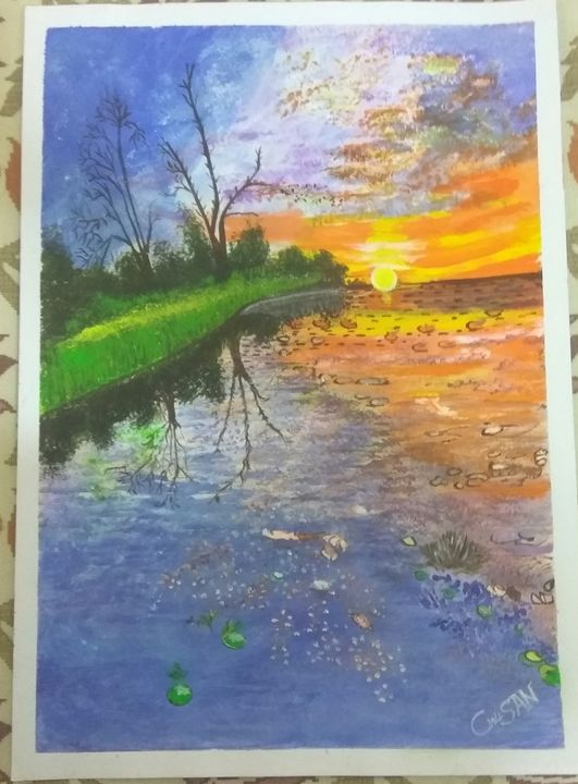 Sunrise with water reflection - Abbas Art Gallery - Drawings ...