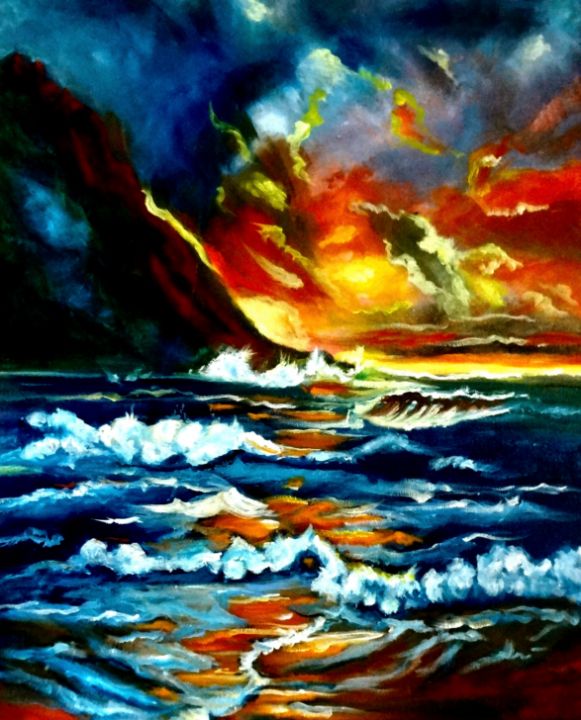 Fiery Sunset - Jennylee - Paintings & Prints, Landscapes & Nature, Beach & Ocean, Waves - ArtPal