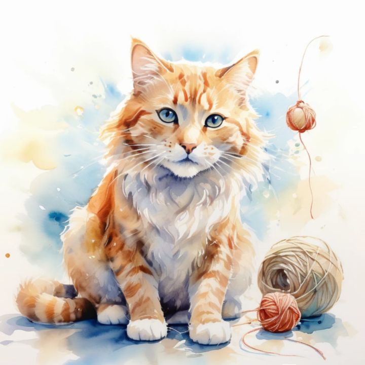 Painting of a Playful Cat with Yarn - Evok - Digital Art & AI, Animals ...