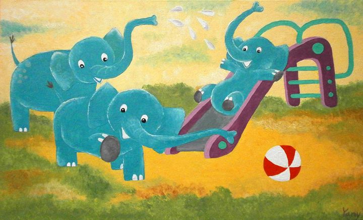 Happy three elephants III - Art by Yany - Paintings & Prints, Animals ...