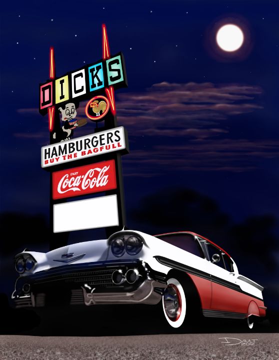 1958 Chevy at Dick's - Jake Dault Art - Paintings & Prints, Vehicles ...